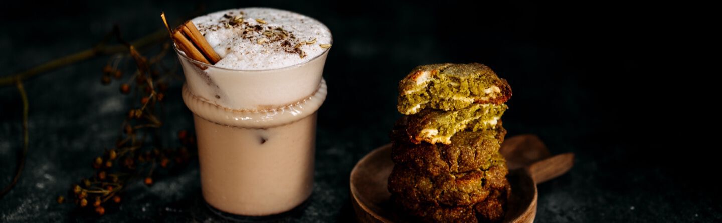 A recipe for freshly baked matcha cookies with a hot and fragrant chai ...